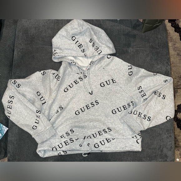 Guess | Tops | Guess Gray With Black Guess Logo Cropped Hoodie Xl ...